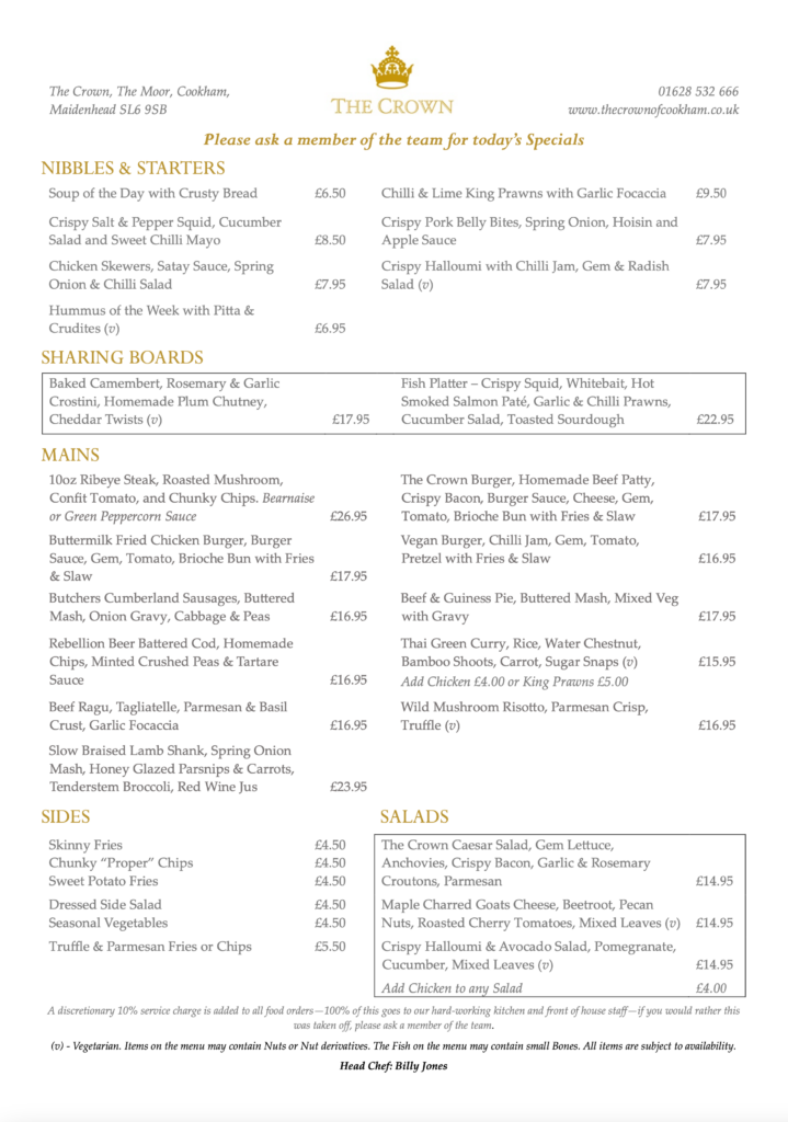 Menu – The Crown Of Cookham