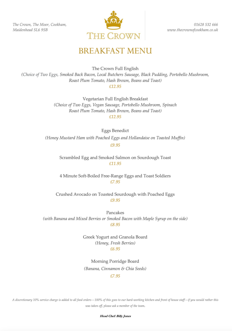 Menu – The Crown Of Cookham